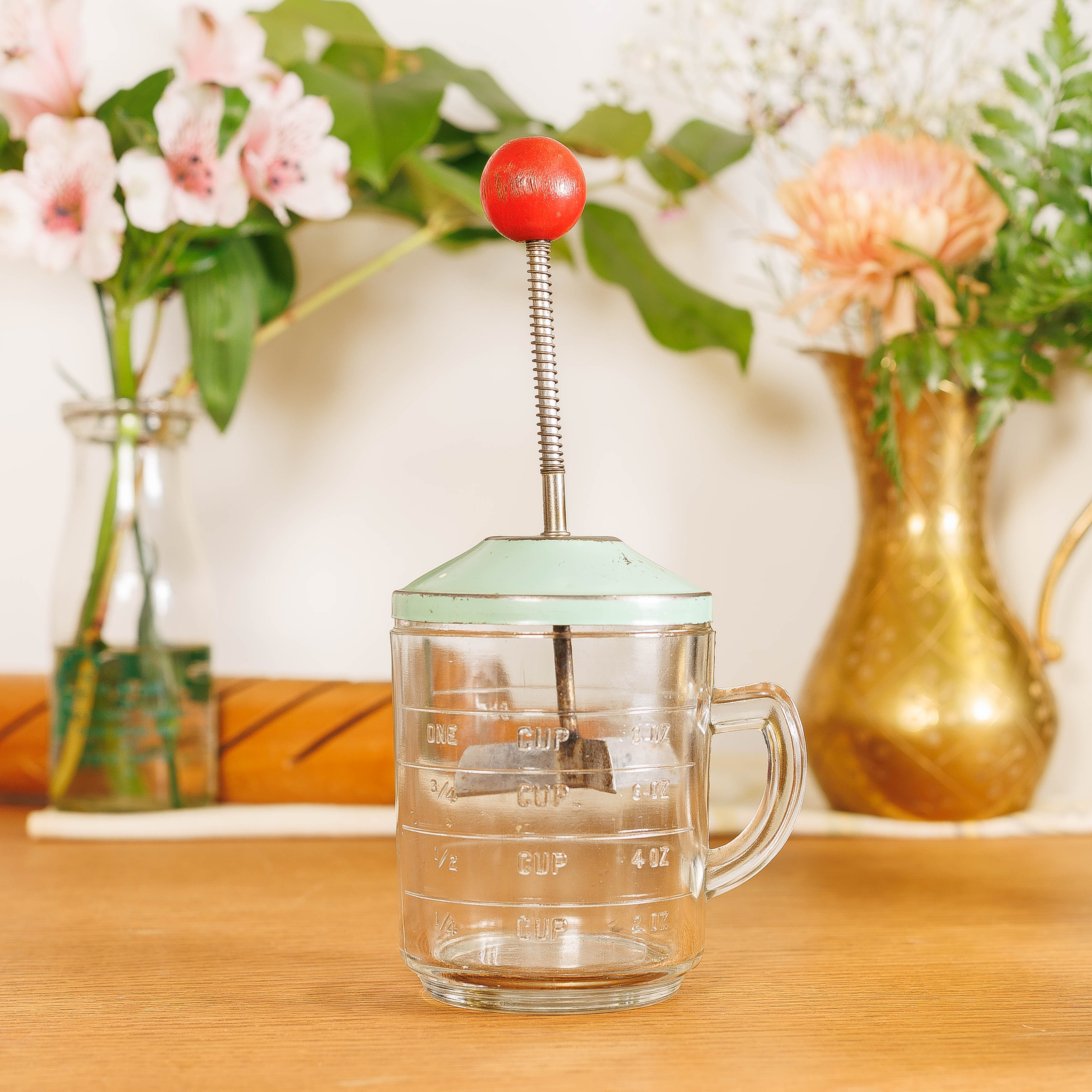 Glass Chopper Jar with Teal & Red Lid – Everything Old Antiques & Vintage